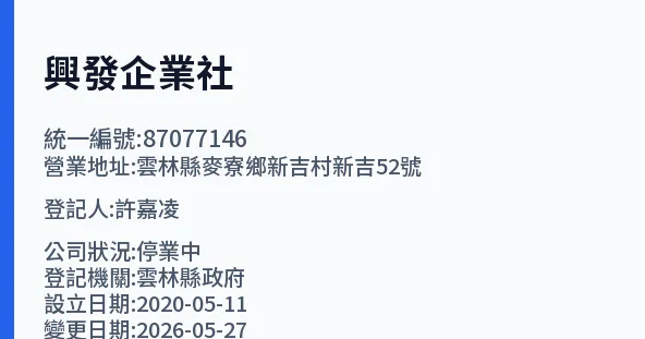 興發企業社的照片-統編 87077146(雲林縣) 公司登記資料與營業項目詳細圖表