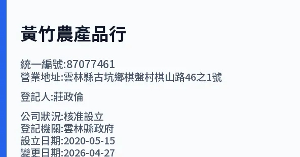 黃竹農產品行的照片-統編 87077461(雲林縣) 公司登記資料與營業項目詳細圖表