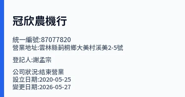 冠欣農機行的照片-統編 87077820(雲林縣) 公司登記資料與營業項目詳細圖表