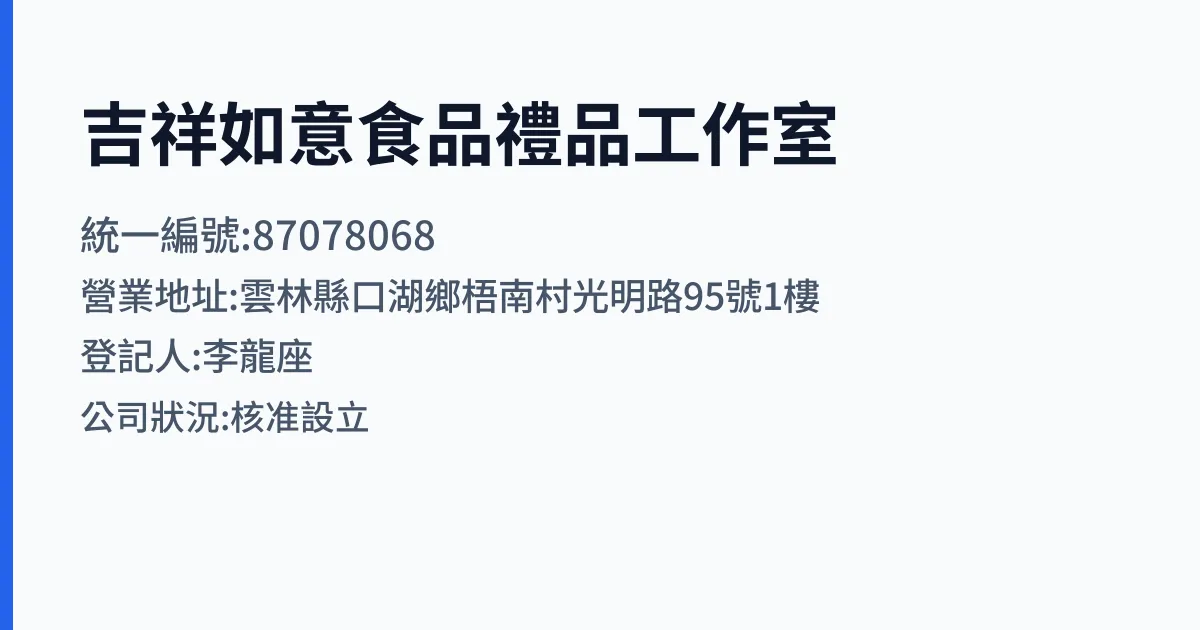吉祥如意食品禮品工作室 - 統編 87078068 (雲林縣) 公司登記資料與營業項目詳細圖表