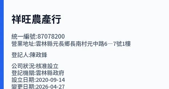 祥旺農產行的照片-統編 87078200(雲林縣) 公司登記資料與營業項目詳細圖表