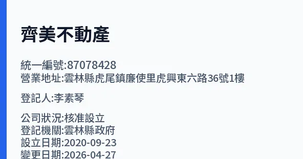 齊美不動產的照片-統編 87078428(雲林縣) 公司登記資料與營業項目詳細圖表