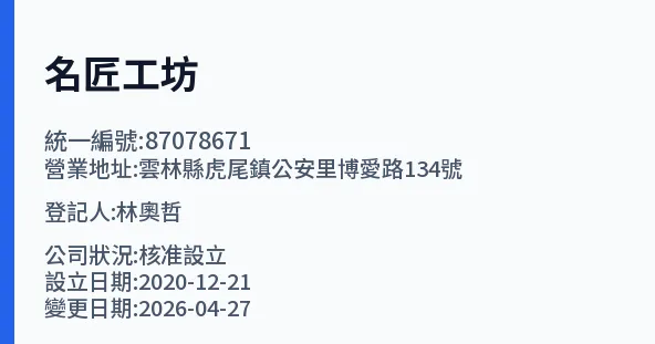 名匠工坊的照片-統編 87078671(雲林縣) 公司登記資料與營業項目詳細圖表