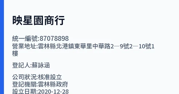 映星園商行的照片-統編 87078898(雲林縣) 公司登記資料與營業項目詳細圖表