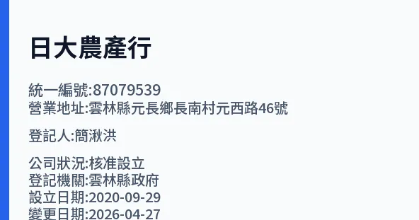 日大農產行的照片-統編 87079539(雲林縣) 公司登記資料與營業項目詳細圖表