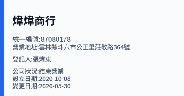 煒煒商行的照片-統編 87080178(雲林縣) 公司登記資料與營業項目詳細圖表