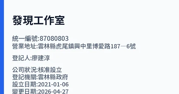 發現工作室的照片-統編 87080803(雲林縣) 公司登記資料與營業項目詳細圖表