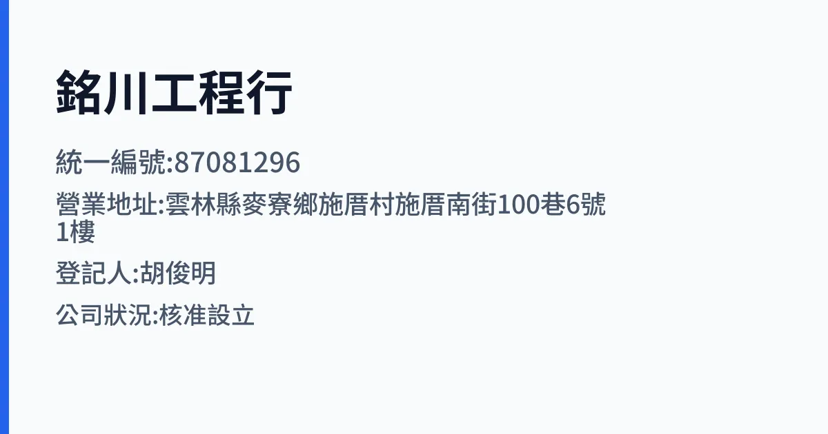 銘川工程行 - 統編 87081296(雲林縣) 公司登記資料與營業項目詳細圖表
