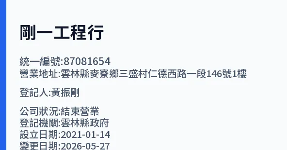 剛一工程行的照片-統編 87081654(雲林縣) 公司登記資料與營業項目詳細圖表