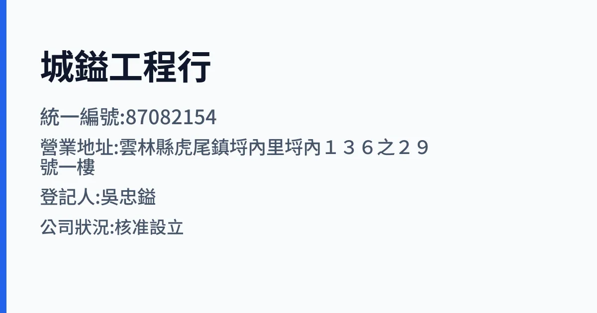 城鎰工程行 - 統編 87082154(雲林縣) 公司登記資料與營業項目詳細圖表