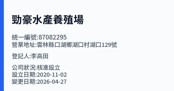 勁豪水產養殖場的照片-統編 87082295(雲林縣) 公司登記資料與營業項目詳細圖表