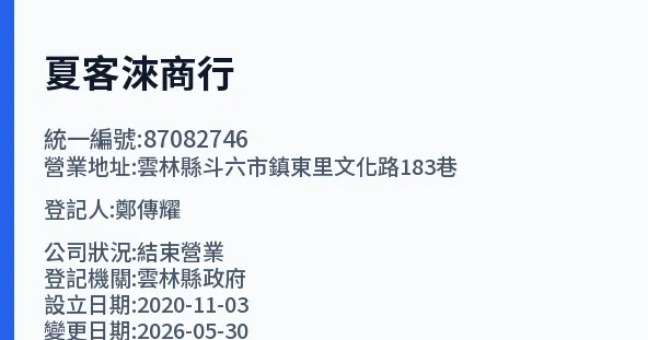 夏客淶商行的照片-統編 87082746(雲林縣) 公司登記資料與營業項目詳細圖表