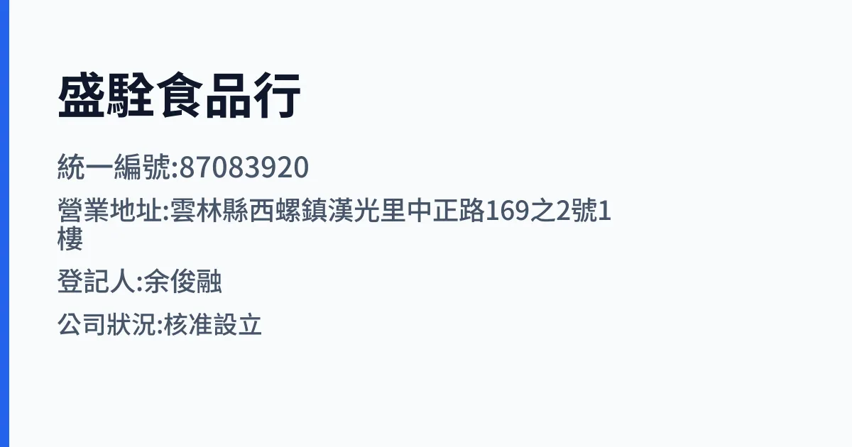 盛駩食品行 - 統編 87083920(雲林縣) 公司登記資料與營業項目詳細圖表