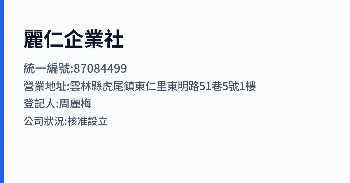 麗仁企業社 - 統編 87084499(雲林縣) 公司登記資料與營業項目詳細圖表