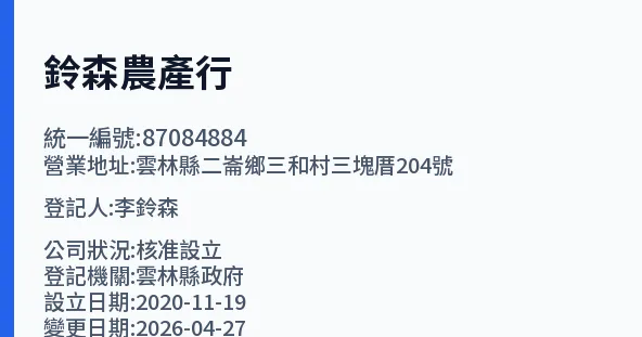 鈴森農產行的照片-統編 87084884(雲林縣) 公司登記資料與營業項目詳細圖表