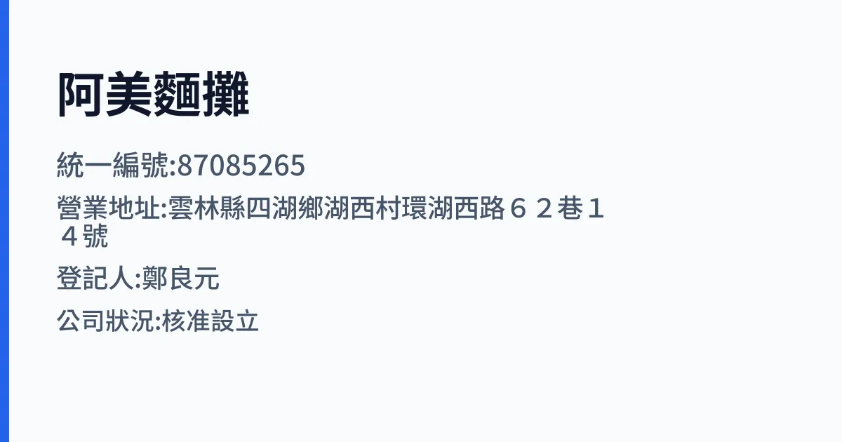 阿美麵攤 - 統編 87085265(雲林縣) 公司登記資料與營業項目詳細圖表
