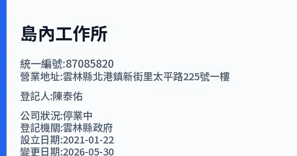 島內工作所的照片-統編 87085820(雲林縣) 公司登記資料與營業項目詳細圖表