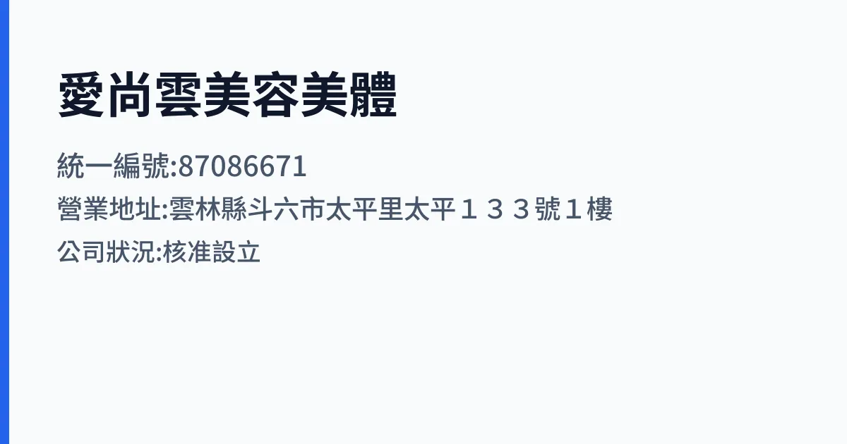 愛尚雲美容美體 - 統編 87086671(雲林縣) 公司登記資料與營業項目詳細圖表