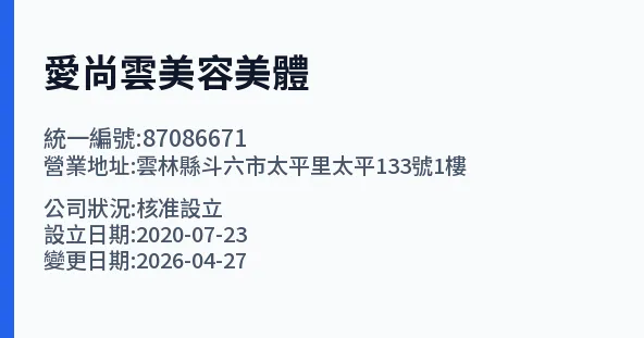 愛尚雲美容美體的照片-統編 87086671(雲林縣) 公司登記資料與營業項目詳細圖表