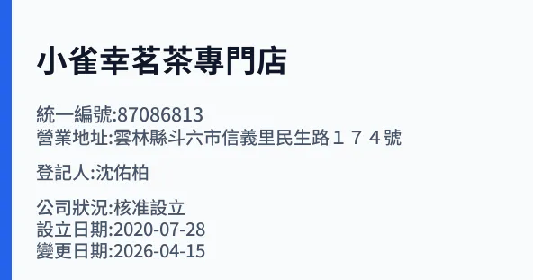 小雀幸茗茶專門店的照片-統編 87086813(雲林縣) 公司登記資料與營業項目詳細圖表