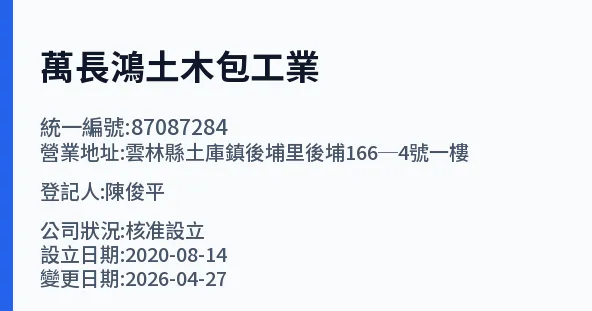 萬長鴻土木包工業的照片-統編 87087284(雲林縣) 公司登記資料與營業項目詳細圖表