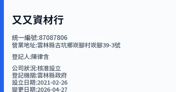 又又資材行的照片-統編 87087806(雲林縣) 公司登記資料與營業項目詳細圖表