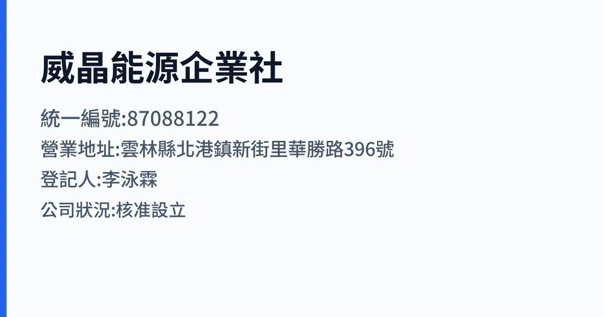 威晶能源企業社 - 統編 87088122(雲林縣) 公司登記資料與營業項目詳細圖表