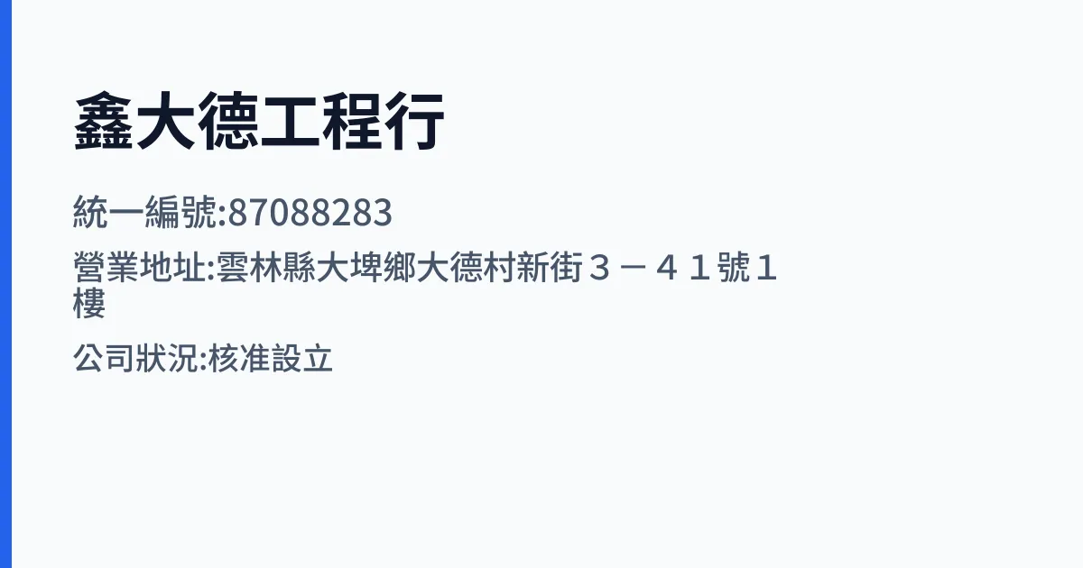 鑫大德工程行 - 統編 87088283(雲林縣) 公司登記資料與營業項目詳細圖表