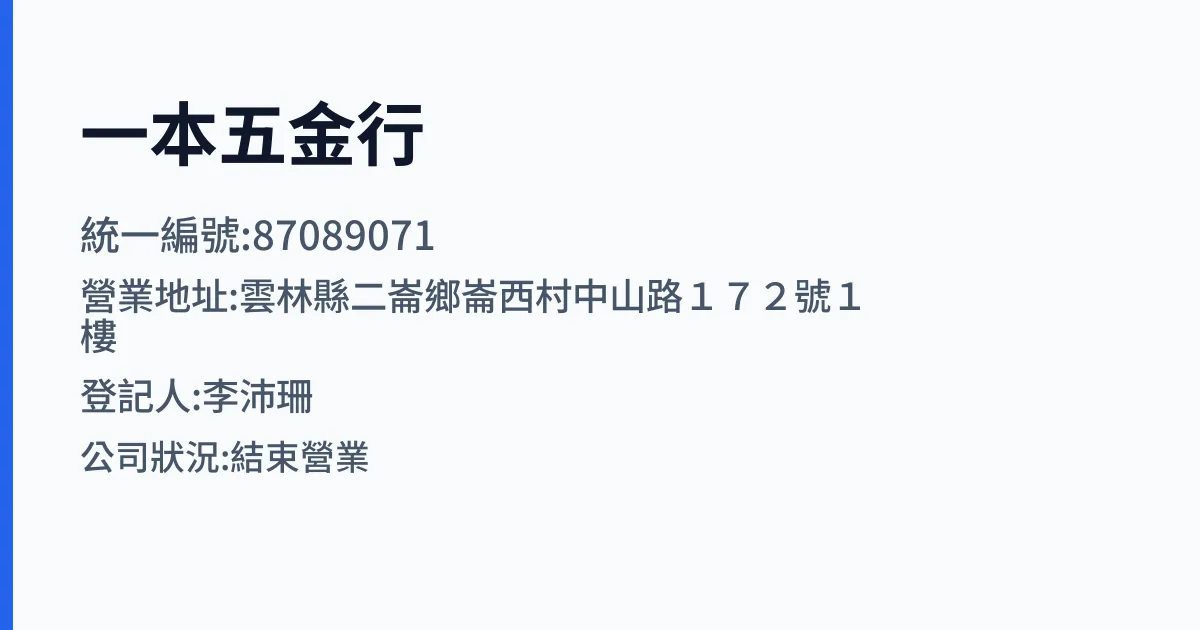 一本五金行 - 統編 87089071(雲林縣) 公司登記資料與營業項目詳細圖表
