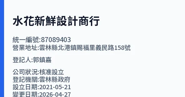水花新鮮設計商行的照片-統編 87089403(雲林縣) 公司登記資料與營業項目詳細圖表
