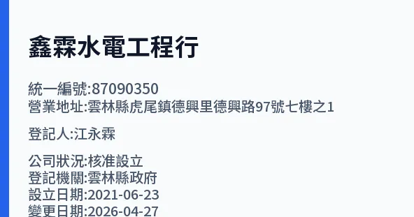 鑫霖水電工程行的照片-統編 87090350(雲林縣) 公司登記資料與營業項目詳細圖表