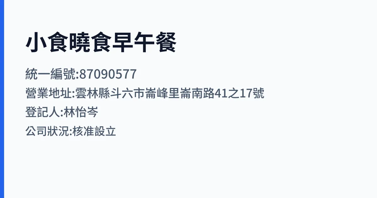 小食曉食早午餐 - 統編 87090577(雲林縣) 公司登記資料與營業項目詳細圖表