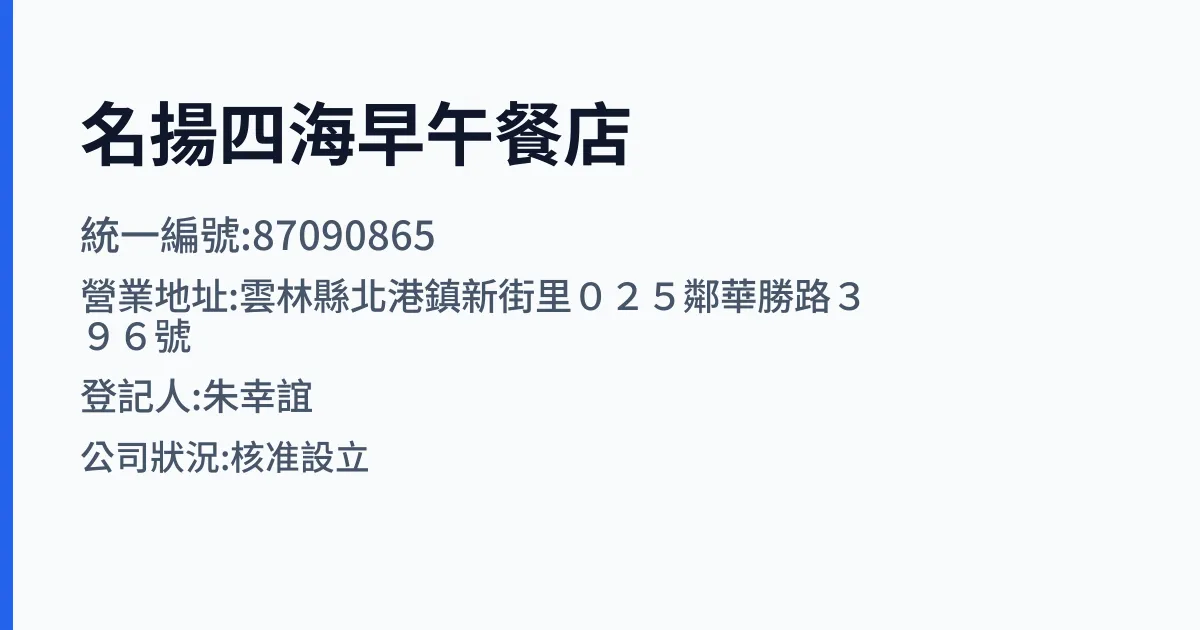 名揚四海早午餐店 - 統編 87090865(雲林縣) 公司登記資料與營業項目詳細圖表