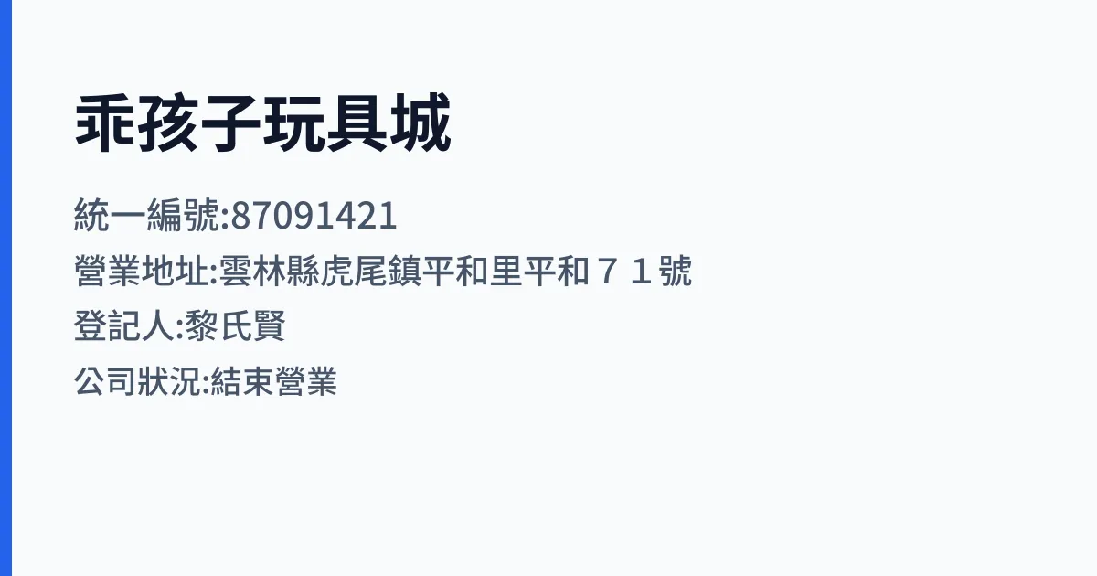 乖孩子玩具城 - 統編 87091421(雲林縣) 公司登記資料與營業項目詳細圖表