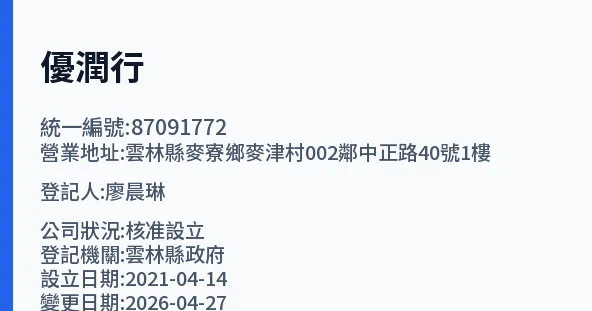 優潤行的照片-統編 87091772(雲林縣) 公司登記資料與營業項目詳細圖表