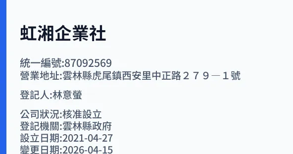虹湘企業社的照片-統編 87092569(雲林縣) 公司登記資料與營業項目詳細圖表