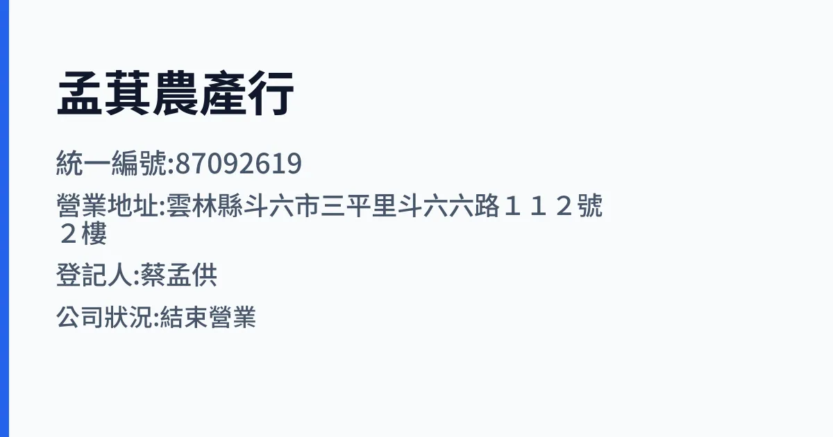 孟萁農產行 - 統編 87092619(雲林縣) 公司登記資料與營業項目詳細圖表