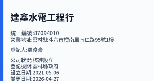 達鑫水電工程行的照片-統編 87094010(雲林縣) 公司登記資料與營業項目詳細圖表
