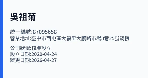 吳祖菊的照片-統編 87095658(臺中市) 公司登記資料與營業項目詳細圖表