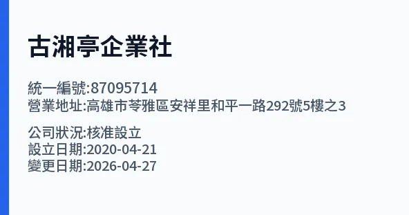 古湘亭企業社的照片-統編 87095714(高雄市) 公司登記資料與營業項目詳細圖表