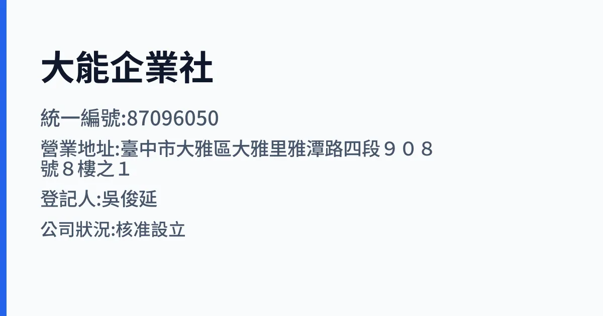 大能企業社 - 統編 87096050(臺中市) 公司登記資料與營業項目詳細圖表