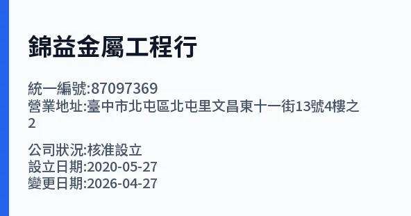 錦益金屬工程行的照片-統編 87097369(臺中市) 公司登記資料與營業項目詳細圖表