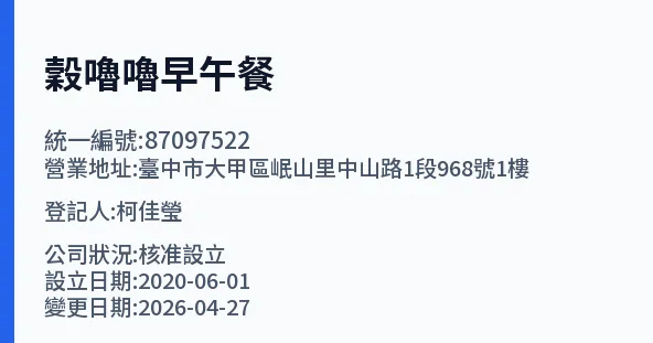 穀嚕嚕早午餐的照片-統編 87097522(臺中市) 公司登記資料與營業項目詳細圖表