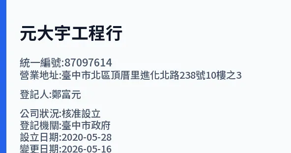 元大宇工程行的照片-統編 87097614(臺中市) 公司登記資料與營業項目詳細圖表