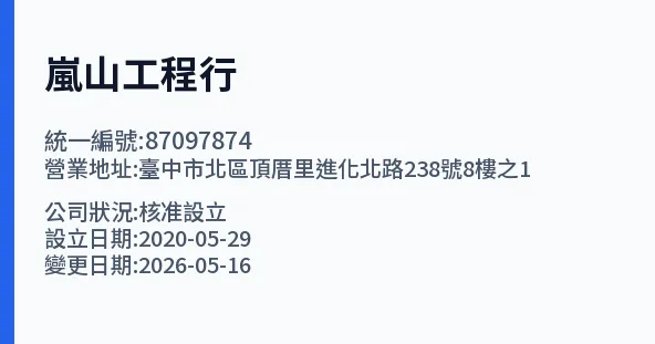 嵐山工程行的照片-統編 87097874(臺中市) 公司登記資料與營業項目詳細圖表