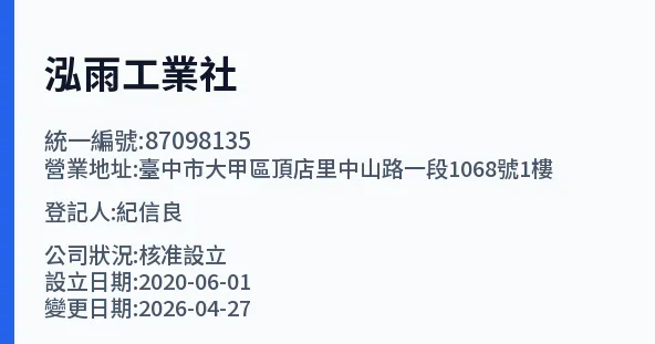 泓雨工業社的照片-統編 87098135(臺中市) 公司登記資料與營業項目詳細圖表
