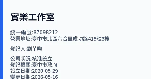 實樂工作室的照片-統編 87098212(臺中市) 公司登記資料與營業項目詳細圖表