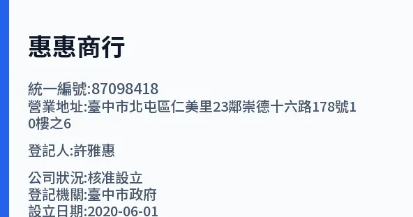 惠惠商行的照片-統編 87098418(臺中市) 公司登記資料與營業項目詳細圖表