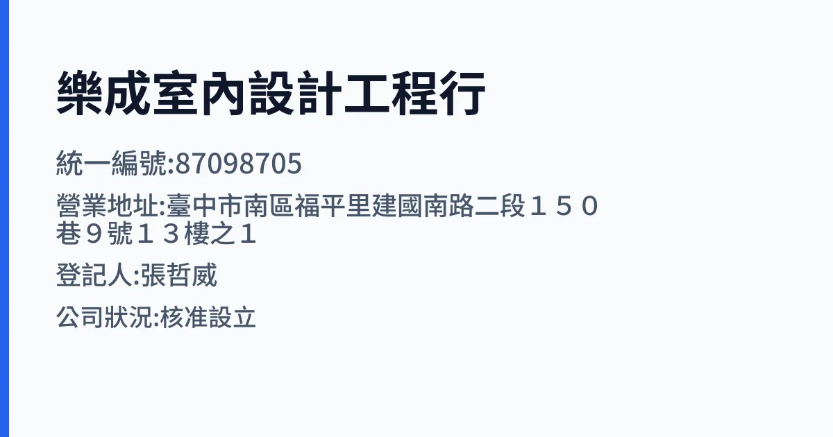 樂成室內設計工程行 - 統編 87098705(臺中市) 公司登記資料與營業項目詳細圖表