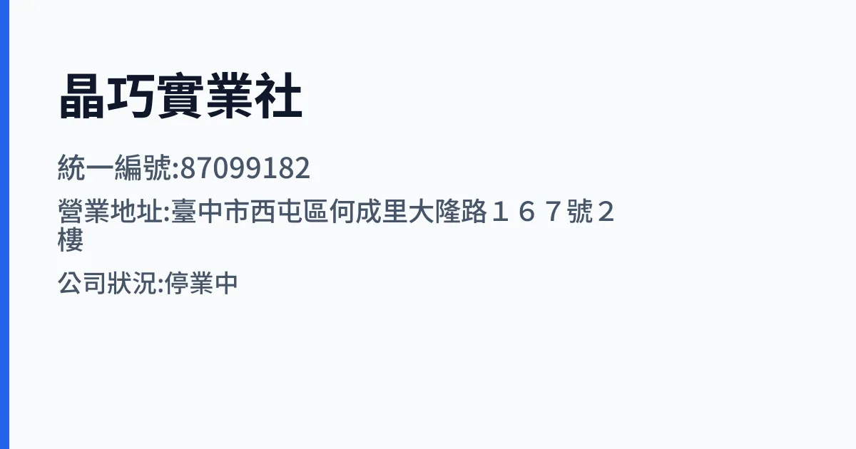 晶巧實業社 - 統編 87099182(臺中市) 公司登記資料與營業項目詳細圖表